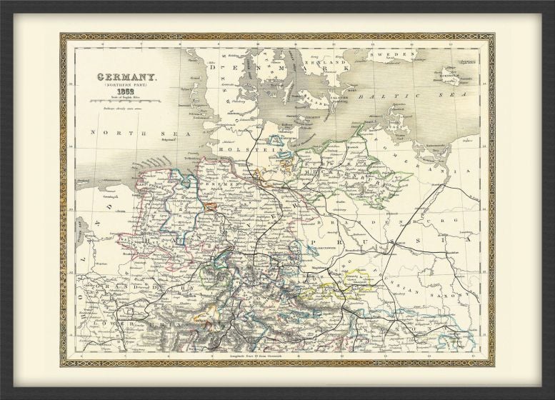 Small Vintage Map of Northern Germany (Wood Frame - Black)