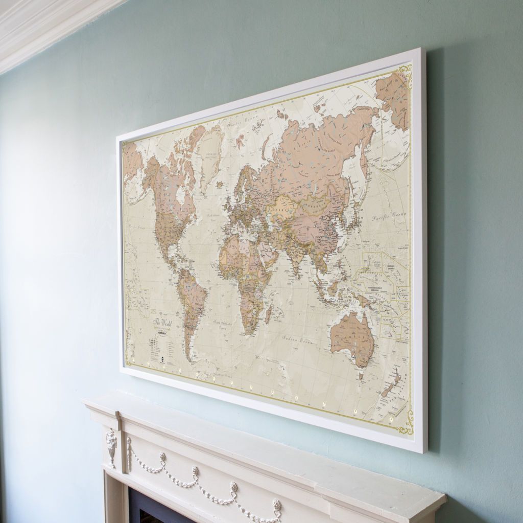 Large Antique World Map (Pinboard & wood frame - White)